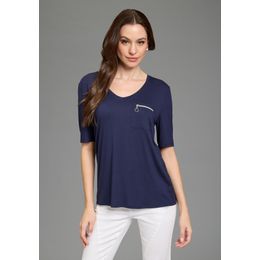 Bruno Banani Damen T-Shirt, blau, Gr. 40, unifarben, Jersey, Obermaterial: 95% Viskose, 5% Elasthan, Shirts, mit V-Ausschnitt, Brusttasche und
