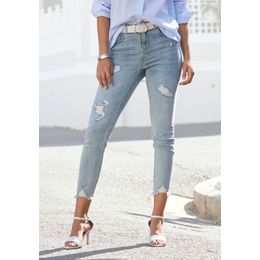 Buffalo Damen Destroyed-Jeans "mit ausgefransten Saumabschl&uuml;ssen aus bequemer Baumwollmischung", blau, Gr. 40, Destroyed-Effekte, Denim/Jeans,