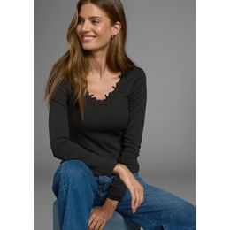 AJC Damen Langarmshirt, schwarz, Gr. 44, clean, unifarben, Rippware, Obermaterial: 100% Baumwolle. Spitze: 100% Polyester, Shirts, aus elastischer
