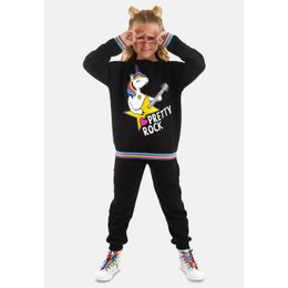DENOKIDS Damen Hausanzug "Rock Unicorn", Gr. 134, schwarz, 68% Baumwolle, 32% Polyester, bedruckt, Homewear-Sets, mit Einhorn-Motiv
