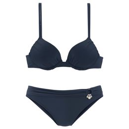 s.Oliver Damen Push-Up-Bikini, blau, Gr. 34, unifarben, Microfaser, Polyamid, Bikini-Sets, mit Zierring an der Hose