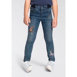Kidsworld M&auml;dchen Stretch-Jeans "Basic Jeans mit toller Stickerei", blau, Gr. 116, bedruckt, mehrfarbig, Denim/Jeans, Obermaterial: 98% Baumwolle, 2%