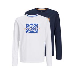 Jack & Jones Kinder T-Shirt "JJCOLTON TEE LS CREW NECK 2PK MP JNR"wei&szlig; pack:wei&szlig;, sky captain, Gr. 128, JACK & JONES JUNIOR, bedruckt, Single Jersey,