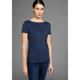 HECHTER PARIS Damen Rundhalsshirt, blau, Gr. 32, unifarben, Single Jersey, Obermaterial: 50% Baumwolle, 50% Modal, Shirts, mit gebrandeten Zierkn&ouml;pfen