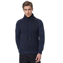 Rusty Neal Herren Strickpullover, blau, Gr. M, unifarben, 70% Polyacryl, 30% Baumwolle, Pullover, mit kuscheligem Schalkragen