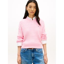 Tommy Hilfiger Damen Strickpullover "CO CABLE MID GG RLX LS V-NK SWT", rosa, Gr. XS, unifarben, Strick, Obermaterial: 100% Baumwolle, Pullover, mit