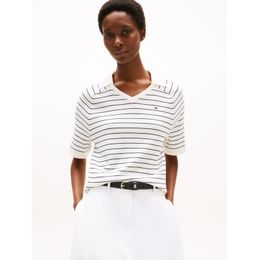 Tommy Hilfiger Damen Strickpullover "CO JERSEY STCH POLO V-NK S/S SWT", beige, Gr. M, gestreift, Strick, Obermaterial: 100% Baumwolle, Pullover