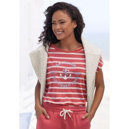 H.I.S. H.I.S Damen T-Shirt, Gr. 32, rot, Sweatware, Obermaterial: 100% Baumwolle, gestreift, Shirts, im maritimen Look mit Print, Loungewear