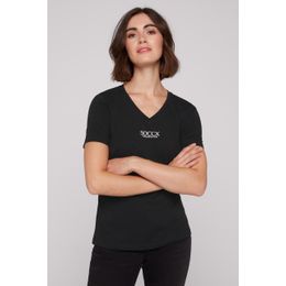 SOCCX Damen V-Shirt, schwarz, Gr. M, bedruckt, Single Jersey, Material: 100% Baumwolle, Shirts, aus Baumwolle