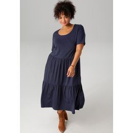 ANISTON PLUS Damen Sommerkleid, blau, Gr. 46, unifarben, Single Jersey, Obermaterial: 95% Baumwolle, 5% Elasthan, Kleider, aus elastischer