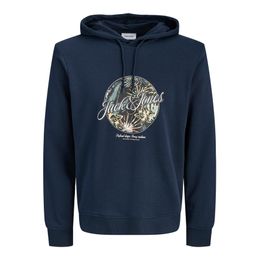 Jack & Jones JACK & JONES Herren Kapuzensweatshirt "JJHONOLULU SHAPE SWEAT HOOD", blau, Gr. XS, bedruckt, angeraute Sweatware, Obermaterial: 60% Baumwolle, 40%