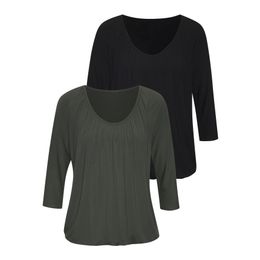 Lascana Damen 3/4-Arm-Shirt "mit zarter Raffung am Ausschnitt", gr&uuml;n, Basic, Gr. 36, unifarben, Jersey, Obermaterial: 95% Viskose (LENZING