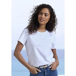Damen T-Shirt "mit modischem Schlitz am Saum", wei&szlig;, Basic, Gr. 32, BEACHTIME BY LASCANA, unifarben, Single Jersey, Obermaterial: 100% Baumwolle,