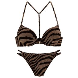 Bruno Banani Damen Push-Up-Bikini, schwarz, Gr. 38, Recycling-Polyamid, Bikini-Sets, in zweifarbiger Animal-Optik