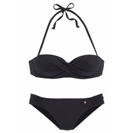 s.Oliver Damen B&uuml;gel-Bandeau-Bikini, schwarz, Gr. 34, unifarben, Recycling-Polyamid, Bikini-Sets, mit Raffung