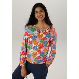 Damen Langarmshirt, bunt, Gr. 38, Aniston SELECTED, gebl&uuml;mt, gemustert, Single Jersey, Obermaterial: 95% Viskose, 5% Elasthan, Shirts, mit Cut-out