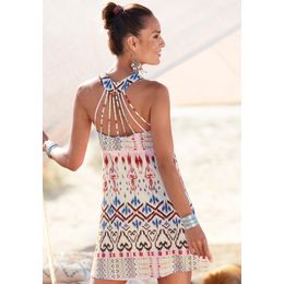 Buffalo Damen Strandkleid "mit besonderem Tr&auml;gerdesign und Ethnoprint", beige, Gr. 34, bedruckt, Jersey, Obermaterial: 95% Viskose, 5% Elasthan,