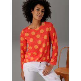 Aniston CASUAL Damen Langarmshirt, orange, Gr. 44, Leinenoptik, gepunktet, Feinstrick, Obermaterial: 100% Polyester, Shirts, mit Punkten