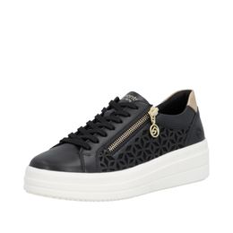 Remonte Damen Plateausneaker, Gr. 42schwarz, goldfarben, Leder, Lederimitat, Schuhe, Halbschuh, Schn&uuml;rschuh mit Perforation und seitlichem