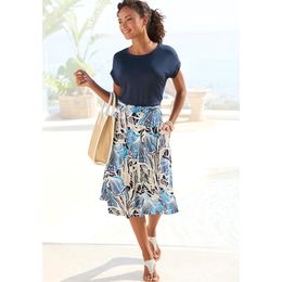 Lascana Damen Jerseykleid, blau, Gr. 40, bedruckt, Jersey, Obermaterial: 100% Viskose, Kleider, mit Paperbag-Bund und bedrucktem Rock, kurz&auml;rmliges