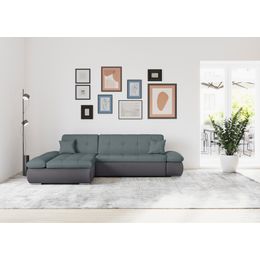 DOMO collection "Moric, L-Form, XXL-Sofa - Breite 300cm, viel Platz, auch in Cord" wahlweise mit Bettfunktion und Armteilverstellung, grau-eisblau