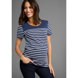 Umstandsshirt Neun Monate "Geringeltes Schwangerschaft und Still-Shirt", Damen, Gr. 36/38, blau (blau geringelt), Single Jersey, Obermaterial: 95% Baumwolle, 5% Elasthan, geringelt, bequem, Rundhals, abgesteppte Kante, Shirts Umstandsshirt, f&uuml;r bequemes Stillen