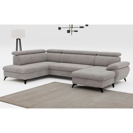 Wohnlandschaft COTTA "Hudson U-Form, B: 324 cm", grau (stone), B:324cm T:207cm, Sofas, Wohnlandschaft, mit Kopfteilverstellung, optional Bettfunktion & Bettkasten