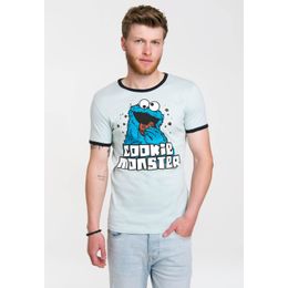 logoshirt Herren T-Shirt "Cookie Monster", blau, Gr. M, bedruckt, 100% Baumwolle, Shirts, mit farblich abgesetzten B&uuml;ndchen