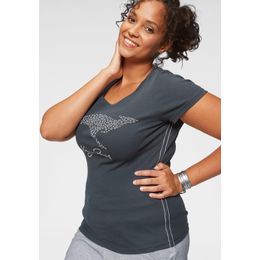 Kangaroos Damen T-Shirt, grau, Gr. 44, bedruckt, unifarben, Rippware, Obermaterial: 100% Baumwolle, Shirts, Kurzarm, sehr figurbetonte Passform