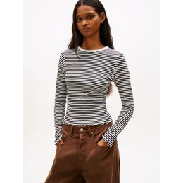 Tommy Jeans Damen Langarmshirt "TJW SLIM SH LETTUCE EDGE RIB LS"schwarz, ecru stripe, Gr. M, gestreift, Single Jersey, Obermaterial: 95% Baumwolle,