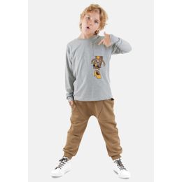 DENOKIDS Jungen Hausanzug "Pocket Tiger", Gr. 116, grau, 67% Polyester, 27% Baumwolle, 6% Elasthan, bedruckt, Homewear-Sets, mit Tier-Motiv