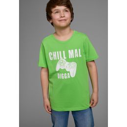 Kidsworld Jungen T-Shirt "Mit Spruch: CHILL MAL", gr&uuml;n, Basic, Gr. 140, bedruckt, Jersey, Obermaterial: 100% Baumwolle, Shirts, Kurzarm, Basic-Stil,