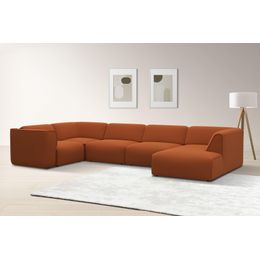 Wohnlandschaft OTTO HOME "Merid U-Form, B: 367 cm", orange (terra), B:367cm H:70cm T:206cm, Struktur fein (100% Polyester);Samtoptik (100% Polyester);Samtcord (92% Polyester, 8% Polyamid), Sofas, Wohnlandschaft, jederzeit durch Module erweiterbar
