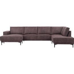 Wohnlandschaft OTTO HOME "XXL Sofa Oland, Struktur, Flachgewebe, Luxus-Microfaser, Boucle", braun (dunkelbraun), B:345cm H:85cm T:210cm, Struktur weich (100% Polyester);Luxus-Microfaser (100% Polyester);Webstoff (100% Polyester), Sofas, Wohnlandschaft, U-Form, 345 cm, Wellenunterfederung, Skandi-Design, Metallf&uuml;&szlig;e