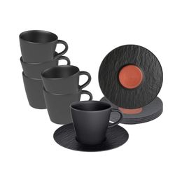Villeroy & Boch Tasse VILLEROY & BOCH "Espressotassen mit Untertassen Manufacture Rock Glow 60 ml 6er Set schwarz", schwarz, 12 tlg., Porzellan, Trinkgef&auml;&szlig;e, Tasse