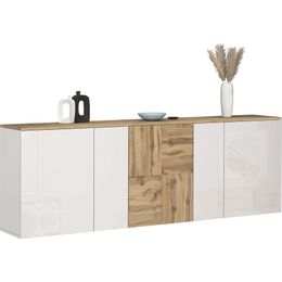 Sideboard OTTO HOME "ISEO, Kommode, Schrank, Sideboard, Lowboard, 6 F&auml;cher, Breite 200 cm", wei&szlig; hochglanz fronten, eiche wotan matt, B:200cm H:70cm T:35cm, Sideboards, Sideboard, stehend/h&auml;ngend, 5 T&uuml;ren Hochglanz lackiert, Made in Italy