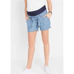bonprix Leichte Umstandshorts mit Lyocell und Leinen, blau, Gr.34, Umstandsshorts in Jeans-Optik mit Bauchband, aus Leinen