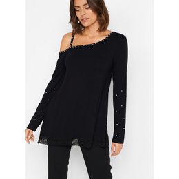 bonprix Cold-Shoulder-Shirt mit Spitze und Perlen, schwarz, Viskose