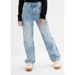 bonprix Weite Cargo-Jeans Mid Waist, blau, mit Baumwolle