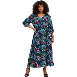 sheego by Joe Browns Damen A-Linien-Kleid mit buntem Blumenprint tiefblau-t&uuml;rkis-gemustert Gr&ouml;&szlig;e 52