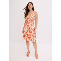 bonprix bedrucktes Tr&auml;gerkleid aus softem Viskose-Mix, orange, Gr.52/54 (XXL), floral bedrucktes Spaghetti-Tr&auml;ger-Kleid mit Smok-Detail in der Taille, aus Viskose
