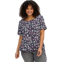 sheego Damen Print-Shirt mit Tunnelzug am Saum tiefblau-champagner-bedruckt Gr&ouml;&szlig;e 56/58