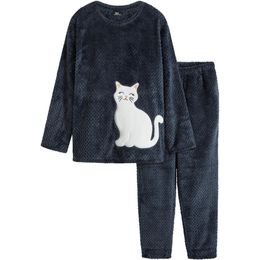 bonprix Fleece Loungewear Hausanzug mit Strukturmuster und Applikation, blau