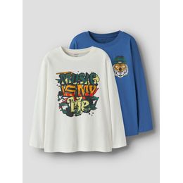 Langarmshirt name it "NKMVELDO 2P LS NREG TOP", Jungen, Gr. 146/152, cloud dancer pack:delft, Jersey, Obermaterial: 100% Baumwolle, bedruckt, unifarben, normal normal, Rundhals, Shirts Langarmshirt