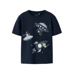 name it M&auml;dchen T-Shirt "NMMDILKA SS NREG TOP BOX", blau, Gr. 110, bedruckt, unifarben, Jersey, Obermaterial: 100% Baumwolle, Shirts