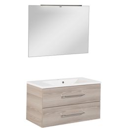 Waschtisch Fackelmann "Waschplatz-Set B.Clever", braun (korpus und fronten optik alaska esche, optik alaska esche), B:90cm T:46cm, Waschtische, Waschtisch, 4-teilig