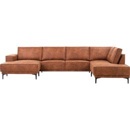 Wohnlandschaft OTTO HOME "XXL Sofa Oland, Struktur, Flachgewebe, Luxus-Microfaser, Boucle", braun (cognac), B:345cm H:85cm T:210cm, Struktur weich (100% Polyester);Luxus-Microfaser (100% Polyester);Webstoff (100% Polyester), Sofas, Wohnlandschaft, U-Form, 345 cm, Wellenunterfederung, Skandi-Design, Metallf&uuml;&szlig;e
