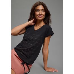 Laura Scott Damen V-Shirtschwarz, Gr. 36, bedruckt, Single Jersey, Obermaterial: 95% Baumwolle, 5% Elasthan, Shirts, mit Glitzersteinen und Tunnelzug
