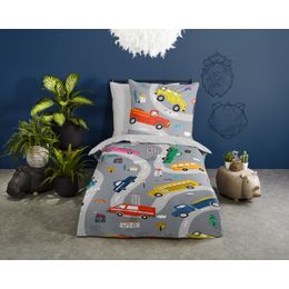 Kinderbettw&auml;sche "Voyage", grau, B/L: 135cm x 200cm, 1 Stk., 1 Stk., Microfaser, B/L: 80cm x 80cm, 2 Stk., Microfaser, Obermaterial: 100% Polyester, PURE LUXURY COLLECTION, Bettw&auml;sche, Mikrofaser, 135x200, 2 Teilig, Wendeoptik, Kind, Junge, Auto