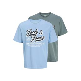 Jack & Jones Jungen T-Shirt "JJELOGO TEE SS 2 COL AW25 2PK MP JNR", blau, Gr. 140, JACK & JONES JUNIOR, bedruckt, Single Jersey, Obermaterial: 100% Baumwolle,